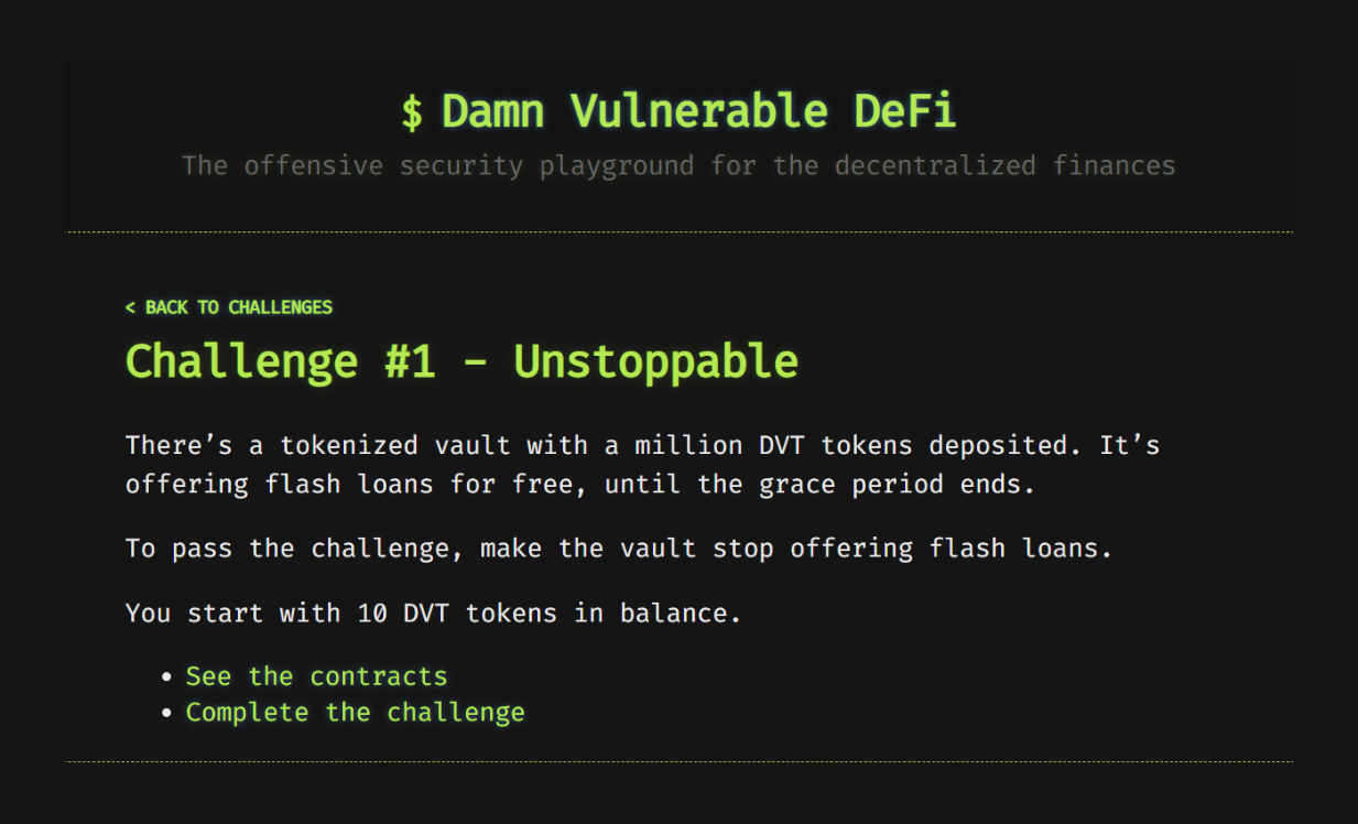 Unstoppable | Damn Vulnerable DeFi #1 Walk-Through - SecuringWeb3.xyz